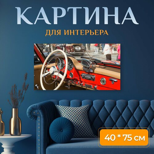 Картина на холсте "Старинный автомобиль, автомобиль, рулевое колесо" на подрамнике 75х40 см. для интерьера