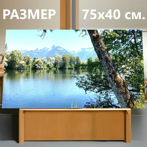 Картина на холсте "Морской пейзаж, озеро, деревья" на подрамнике 75х40 см. для интерьера