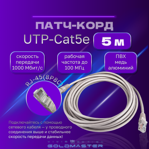 Патч-корд 5 м Голд Мастер UTP 5е RJ45 интернет кабель 5 метров LAN сетевой Ethernet патчкорд серый (NA102--5M), контакты blade с позолотой 03FU