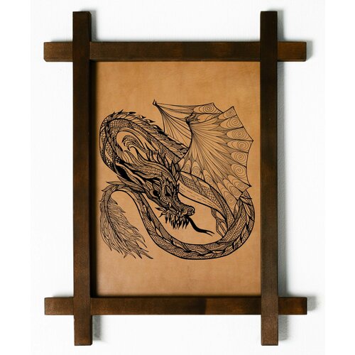 Картина Красивый дракон, гравировка на натуральной коже, интерьерная для украшения и декора на стену в деревянной раме, подарок, BoomGift