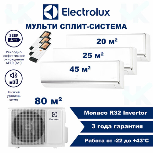 Инверторная мульти сплит-система ELECTROLUX серии Monaco на 3 комнаты (20 м2 + 25 м2 + 45 м2) с наружным блоком 80 м2, Попеременная работа
