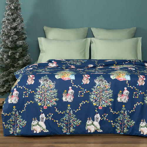 Постельное белье 1.5-спальное COZY HOME "Christmas cats", перкаль (хлопок), 50х70, синий/зеленый, котики/новогоднее