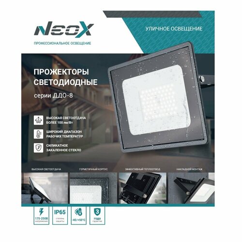 Прожектор светодиодный NEOX ДДО 30 Вт 230 В IP65 122х150х27 мм 6500К плоский корпус черный (4690612034003)