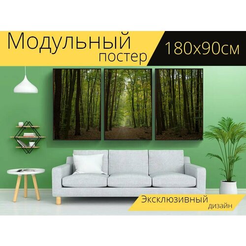 Модульный постер "Падение, лес, лесная тропа" 180 x 90 см. для интерьера