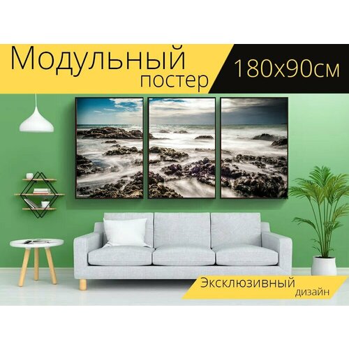 Модульный постер "Спокойное море, морские скалы, веллингтон" 180 x 90 см. для интерьера
