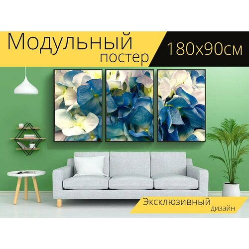 Модульный постер "Гортензия, синий, белый" 180 x 90 см. для интерьера