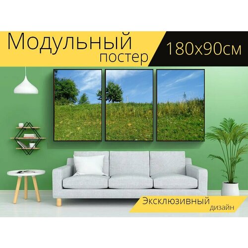Модульный постер "Природа, панорамный, трава" 180 x 90 см. для интерьера