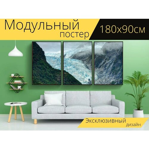 Модульный постер "Ледник, снежные горы, горы" 180 x 90 см. для интерьера