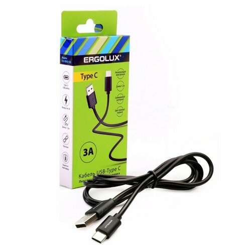 Кабель USB-Type C ELX-CDC02-C02 (3А, 1,2м, Черный, Зарядка+Передача данных, Коробка) ERGOLUX