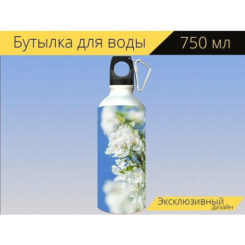 Бутылка фляга для воды "Цветы, яблоня, филиал" 750 мл. с карабином и принтом
