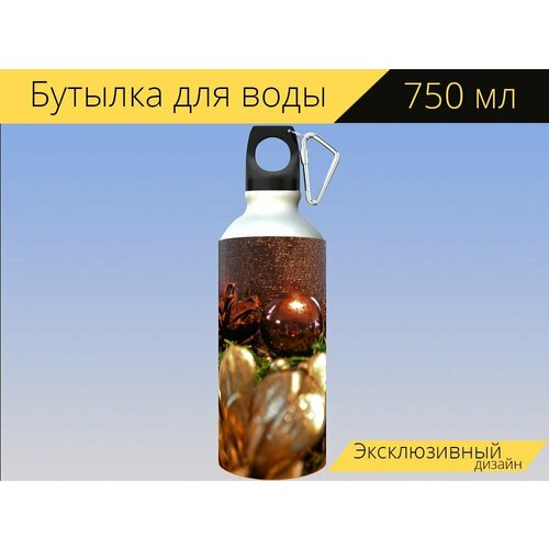 Бутылка фляга для воды "Рождество, золото, украшение" 750 мл. с карабином и принтом