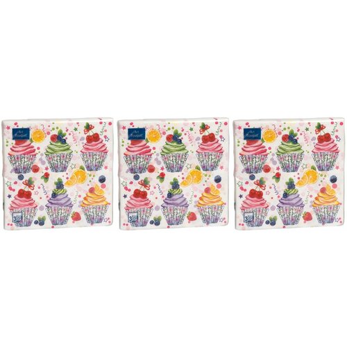 Bouquet Art Салфетки бумажные "Сладкие пирожные", 3 слоя, 33 х 33 см, 20 шт/уп, 3 уп