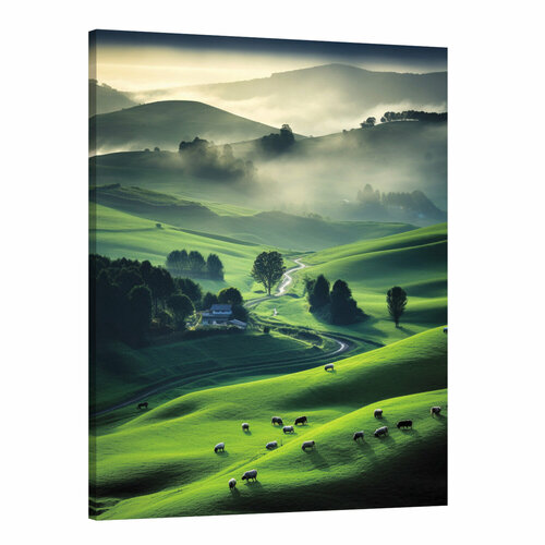 Интерьерная картина 50х70 "Пейзаж с пасторальными холмами и стадом овец"
