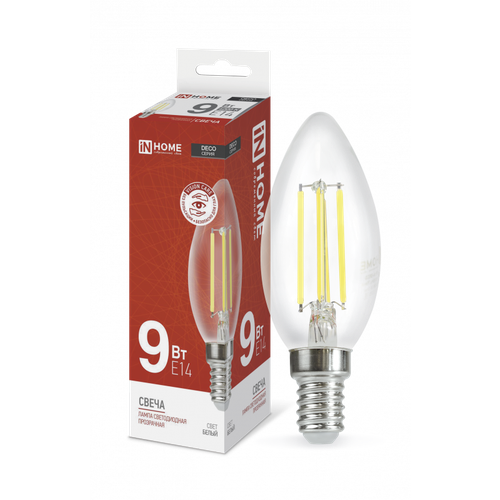 Лампа светодиодная IN HOME LED-СВЕЧА-deco, E14, C37, 9 Вт, 4000 К