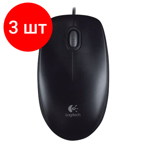 Комплект 3 шт, Мышь проводная LOGITECH B100, USB, 2 кнопки + 1 колесо-кнопка, оптическая, черная, 910-003357