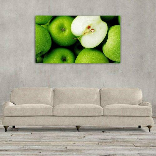 Картина на холсте 60x110 LinxOne "Яблоки капли зеленый еда" интерьерная для дома / на стену / на кухню / с подрамником