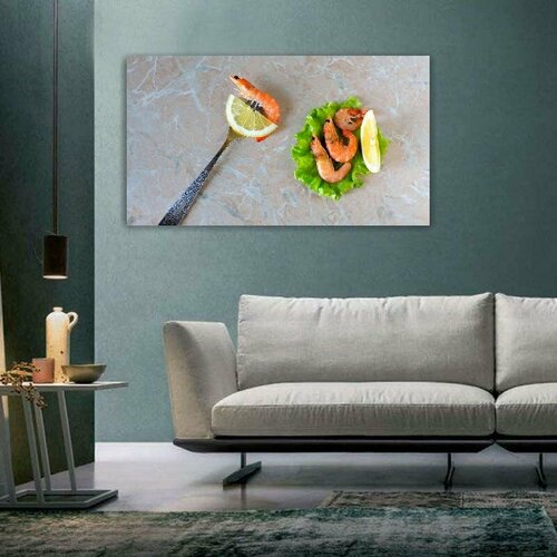Картина на холсте 60x110 LinxOne "Еда на столе креветки" интерьерная для дома / на стену / на кухню / с подрамником