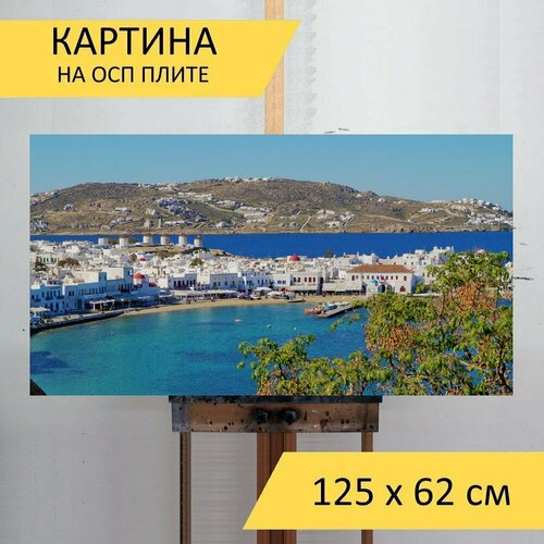 Картина на ОСП 125х62 см. "Миконос, греция, море" горизонтальная, для интерьера, с креплениями