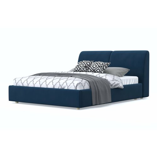 Двуспальная кровать бекка 180х200, с мягким изголовьем, синий, велюр, деревянная, на ножках