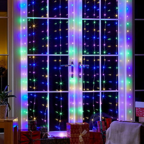 Serpantin Светодиодная гирлянда на окно Роса Бриллиант 3*3 м, 300 разноцветных мини LED ламп, серебряная проволока, с пультом, IP20 725-0582