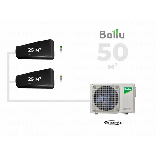 Инверторная мульти сплит-система Ballu на 2 комнаты (25 м2 + 25 м2) BA2OI-FM/out-18HN8/EU_BL + 2*BSUI-FM/in-09HN8/EU_BL, комплект, чёрный
