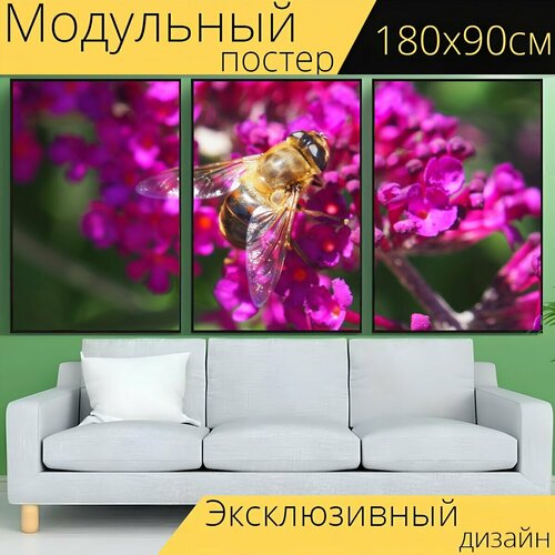 Модульный постер "Цветы, пчела, природа" 180 x 90 см. для интерьера