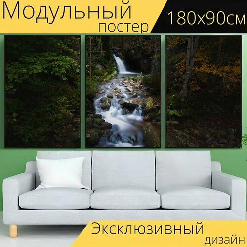 Модульный постер "Река, горные породы, лес" 180 x 90 см. для интерьера