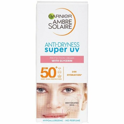 Garnier Ambre Solaire Солнцезащитный крем для лица SPF 50+ против сухости cупер УФ, без отдушки, , 50 мл (из Финляндии)