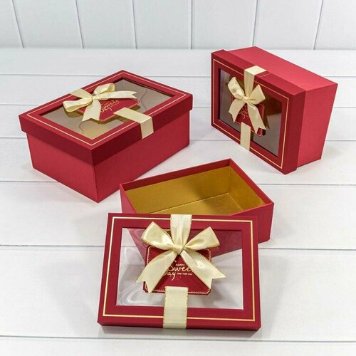Набор коробок с окошком и бантом, Красный/Золото, 22,5*16*9,5 см, 3 шт. в упак.