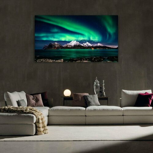 Картина на холсте 60x110 LinxOne "Горы северное сияние" интерьерная для дома / на стену / на кухню / с подрамником