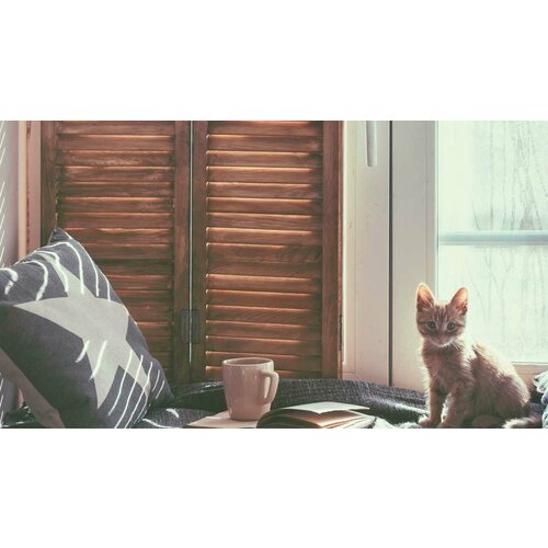 Картина на холсте 60x110 LinxOne "Кошка подушка кровать книга" интерьерная для дома / на стену / на кухню / с подрамником