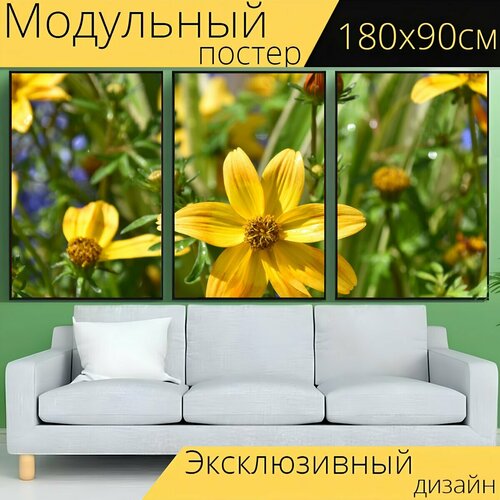 Модульный постер "Цветок, цветок цвет желтый оранжевый, тычинки" 180 x 90 см. для интерьера