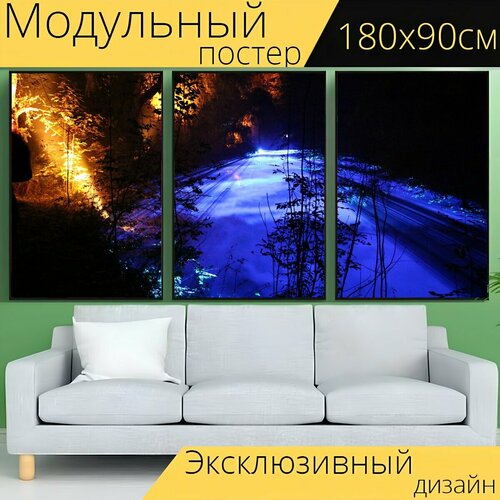 Модульный постер "Свет, шоу, лес" 180 x 90 см. для интерьера