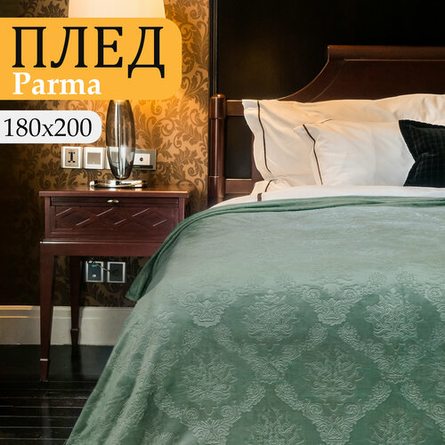 Плед 180х200 2-спальный Cleo Parma серо-зеленый, покрывало на кровать и диван пушистое с рисунком, велсофт