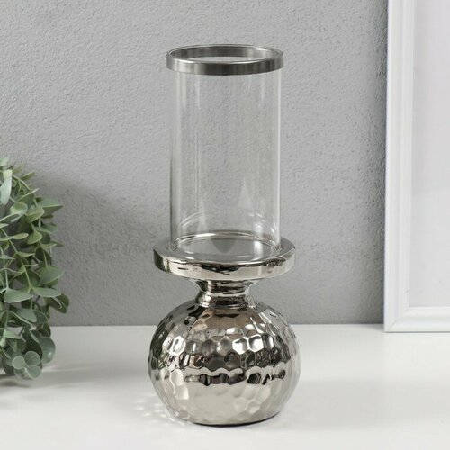 Подсвечник керамика, стекло на 1 свечу "Лоджуар" d=8 см серебро 10,5х10,5х26 см
