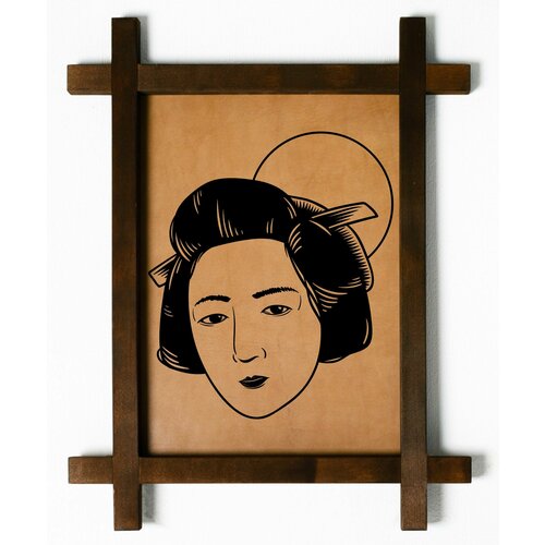 Картина Гейша 2, гравировка на натуральной коже, интерьерная для украшения и декора на стену в деревянной раме, подарок, BoomGift