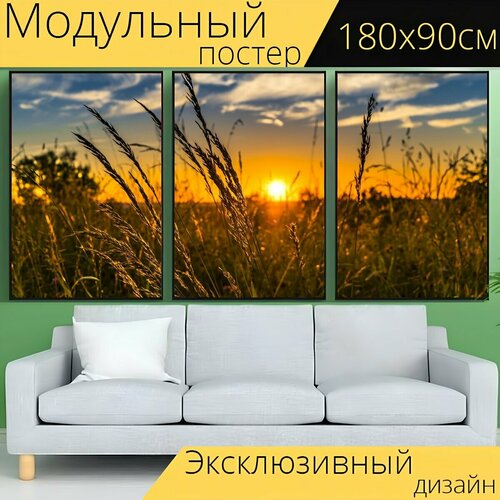 Модульный постер "Пшеница, поле, заход солнца" 180 x 90 см. для интерьера