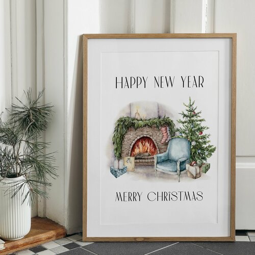 Постер интерьерный новогодний с принтом камина, кресла и елки с подарками, надпись Merry Christmas Happy New year, 40х60 см, без рамы