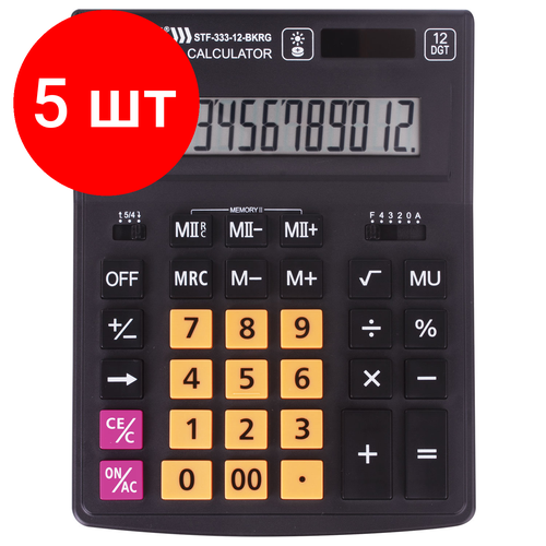 Комплект 5 шт, Калькулятор настольный STAFF PLUS STF-333-BKRG (200x154 мм) 12 разрядов, черно-оранжевый, 250460