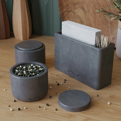 Набор для кухни Musko 24 (салфетница Lina, 2 емкости для сыпучих продуктов Astrid XS с бетонной крышкой), бетон, графитовый глянцевый