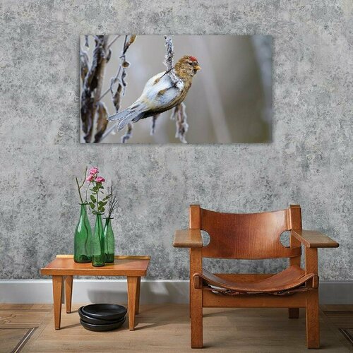 Картина на холсте 60x110 LinxOne "Птица ветки иней чечётка" интерьерная для дома / на стену / на кухню / с подрамником