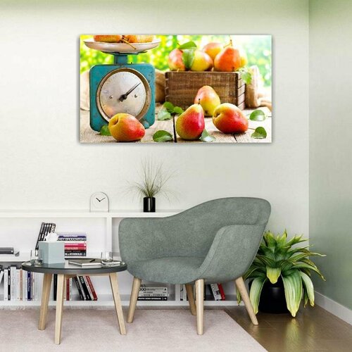 Картина на холсте 60x110 LinxOne "Груши ящик весы листики" интерьерная для дома / на стену / на кухню / с подрамником