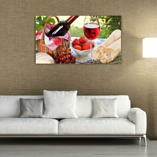 Картина на холсте 60x110 LinxOne "Ягоды хлеб бокал красное батон" интерьерная для дома / на стену / на кухню / с подрамником