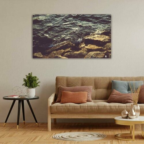 Картина на холсте 60x110 LinxOne "Природа Камни Море Волны" интерьерная для дома / на стену / на кухню / с подрамником