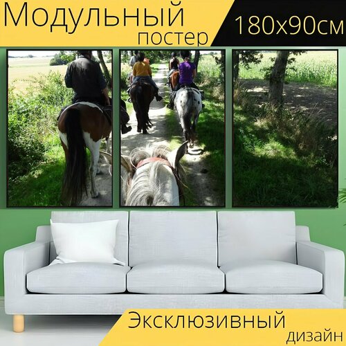 Модульный постер "Лошади, езда на лошади, пеший туризм" 180 x 90 см. для интерьера