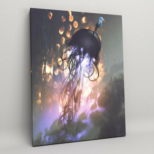 Картина на холсте (интерьерный постер) "Большая парящая медуза с человеком", с деревянным подрамником, размер 22x30 см