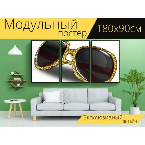 Модульный постер "Золотой глаз очки, глиттер золотой фольги стекла, красивые милые очки" 180 x 90 см. для интерьера