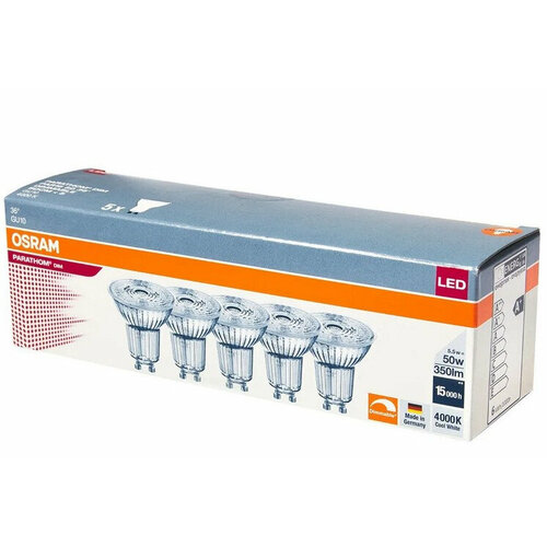 Светодиодная лампа Ledvance-osram OSRAM 1-PARATHOM PAR16 50 36° 5,5W/940 DIM 230V GU10 4000 К ( упак 5 ламп )