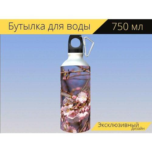 Бутылка фляга для воды "Японская сакура, цветы, дерево" 750 мл. с карабином и принтом
