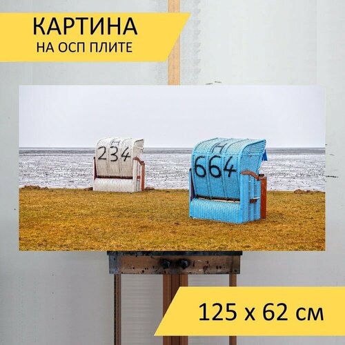 Картина на ОСП 125х62 см. "Северное море, лежак, природа" горизонтальная, для интерьера, с креплениями